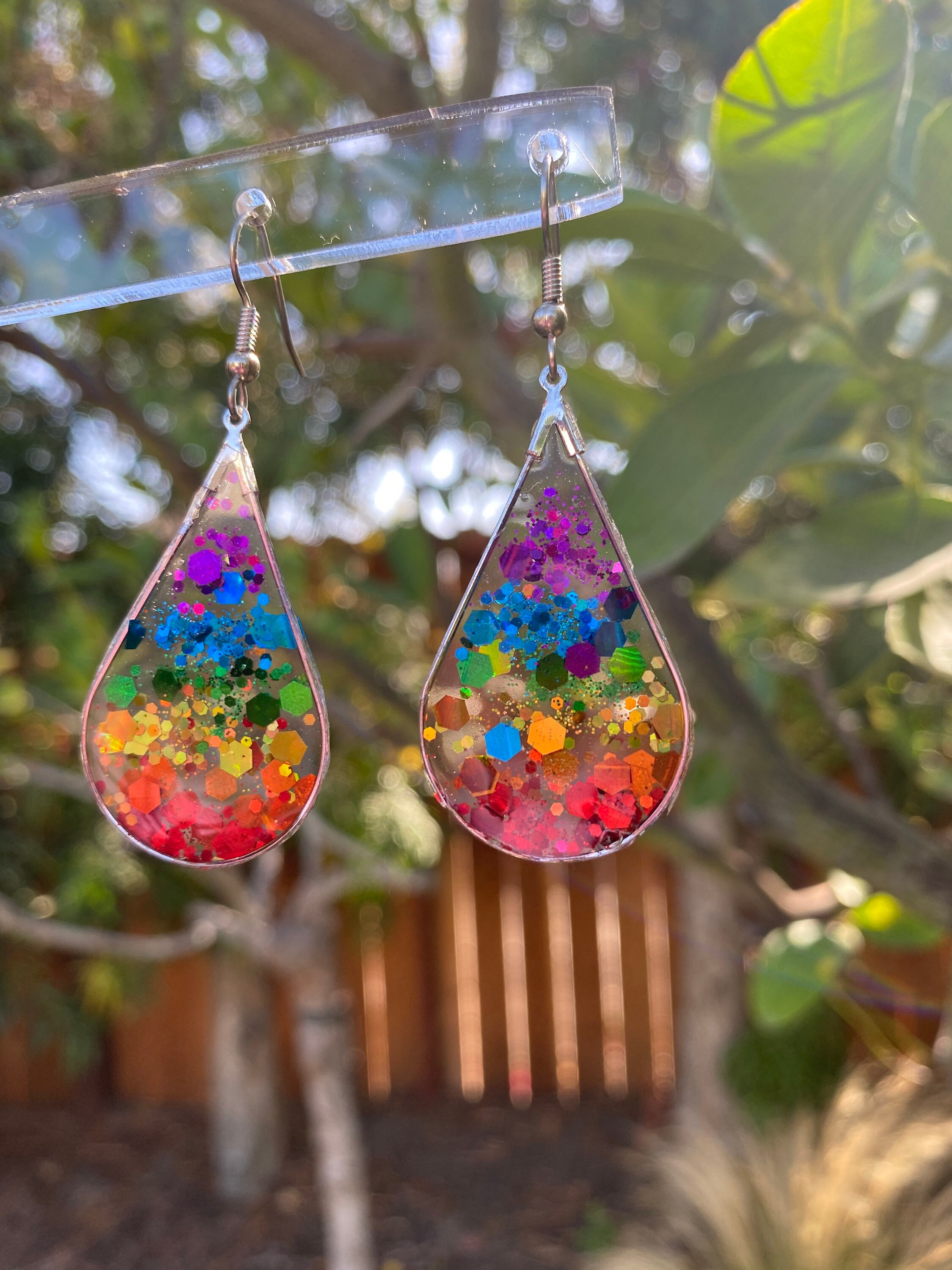 Rainbow Droplettes Glitter Resin Earrings - Etsy
