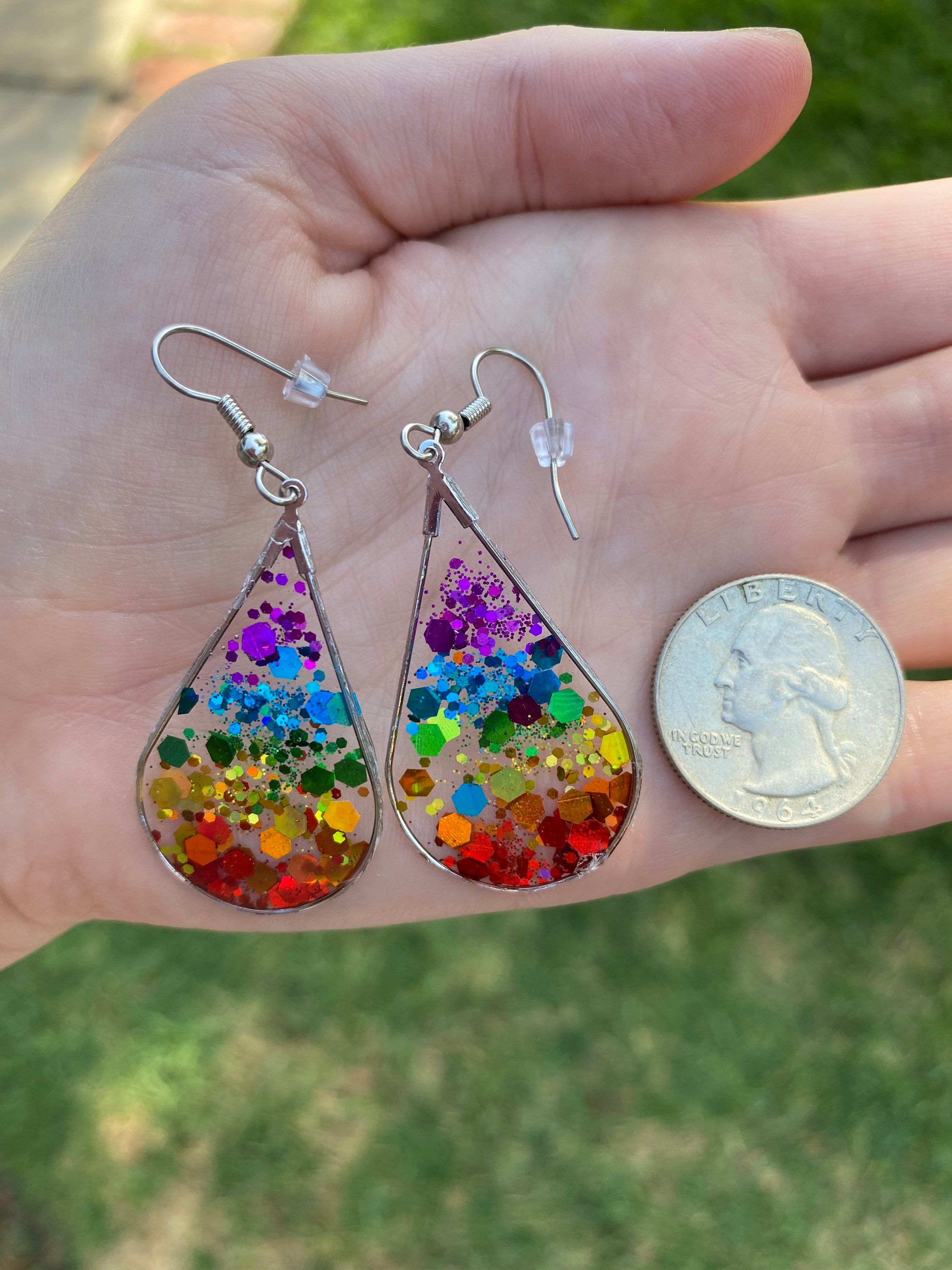 Rainbow Droplettes Glitter Resin Earrings - Etsy