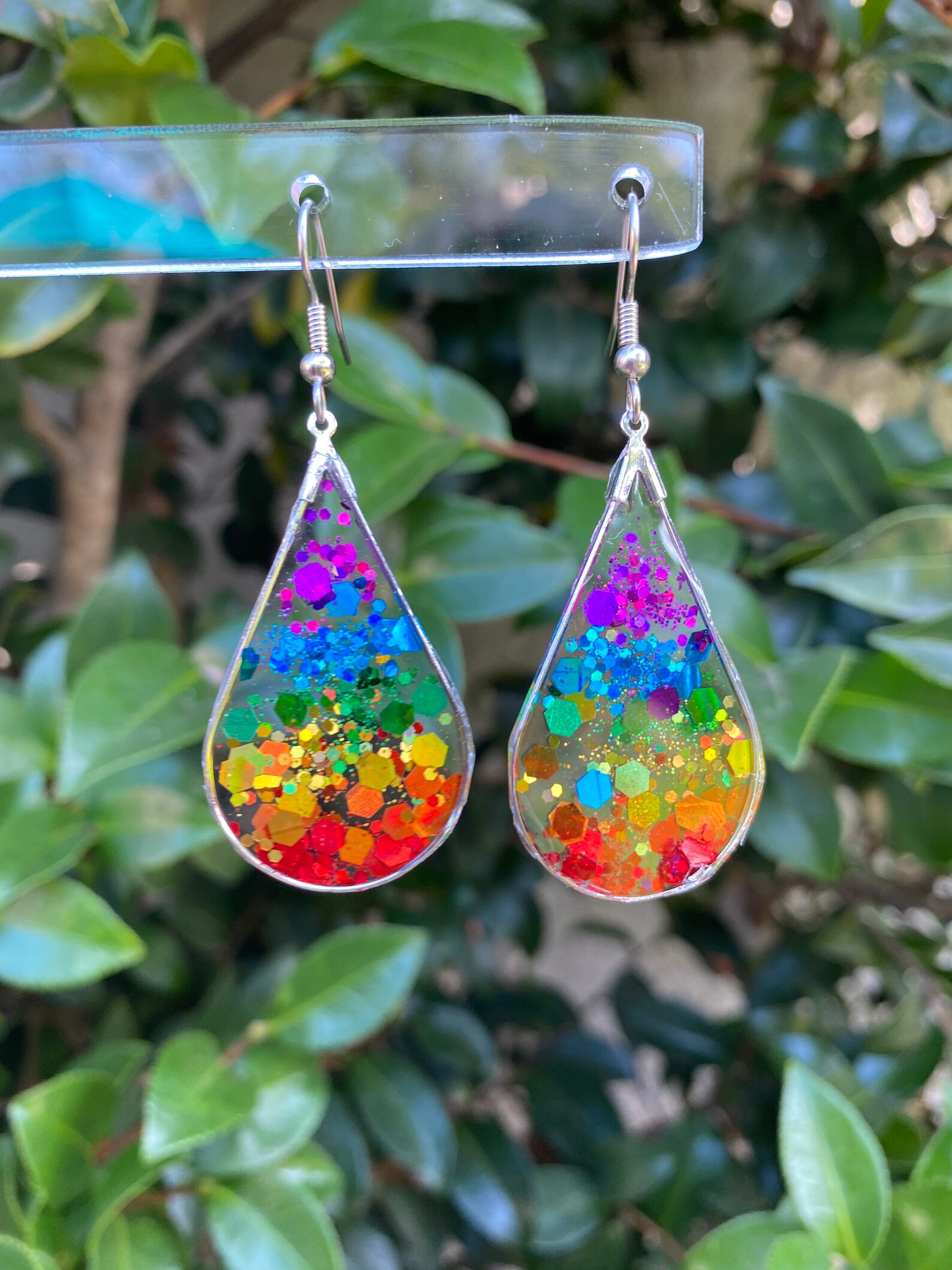 Rainbow Droplettes Glitter Resin Earrings - Etsy