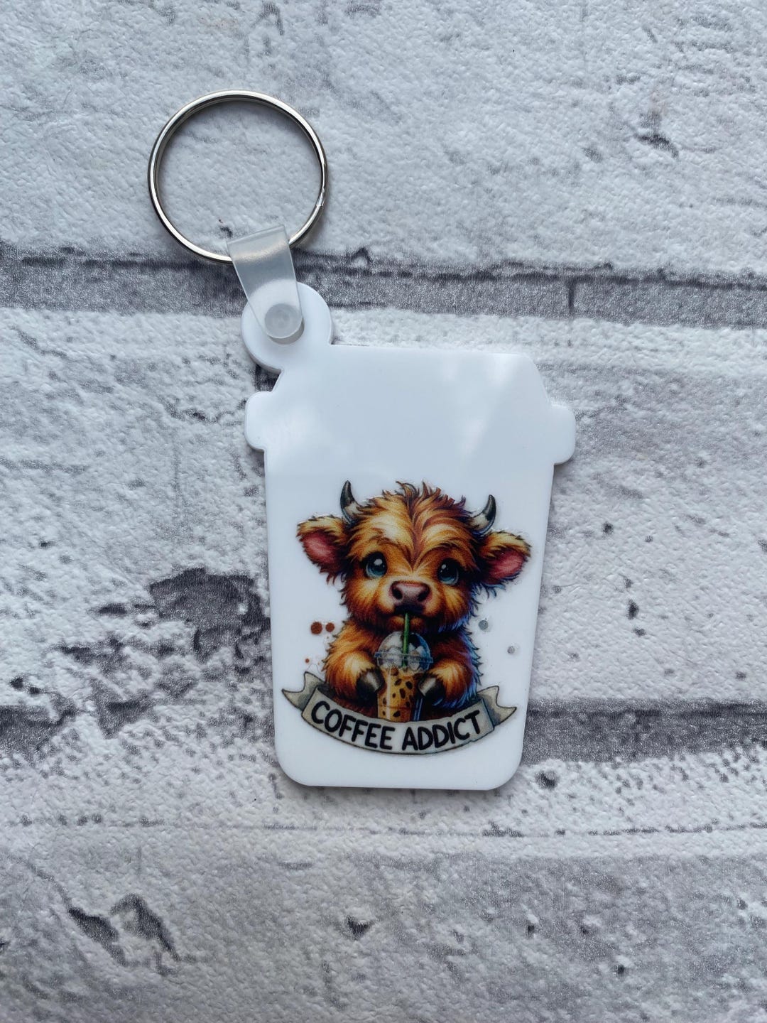 Highland Cow, Coffee Addict, Coffee Cup Keyring, Keychain, Coffee Lover ...