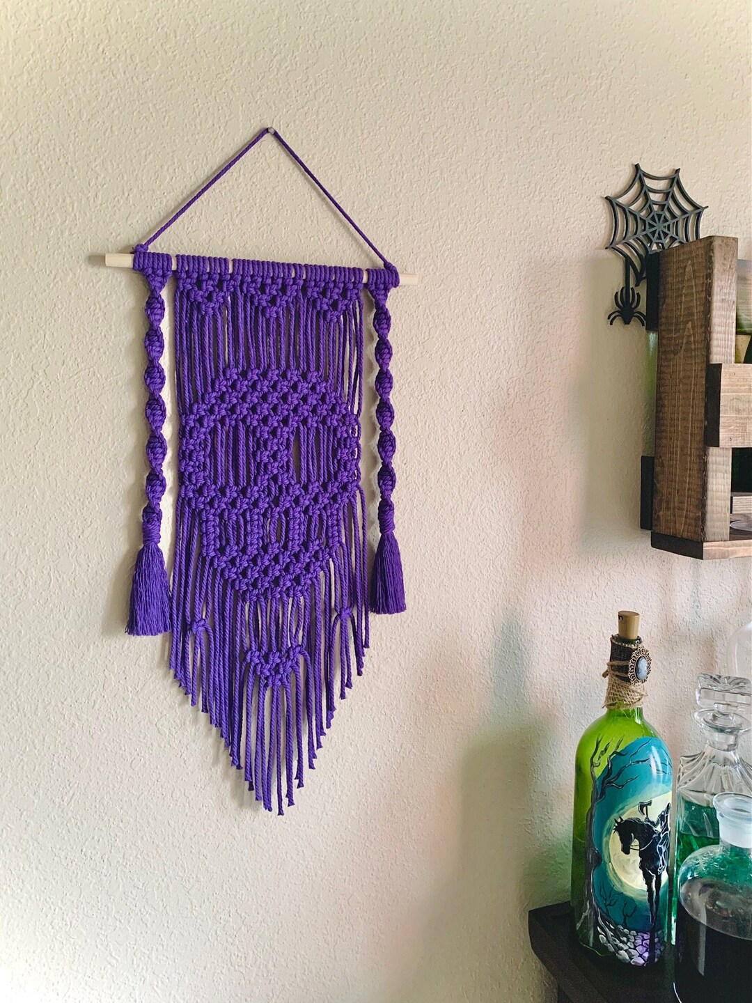 Purple Skull Macrame Wall Hanging on a 12 Inch Natural-colored Dowel ...