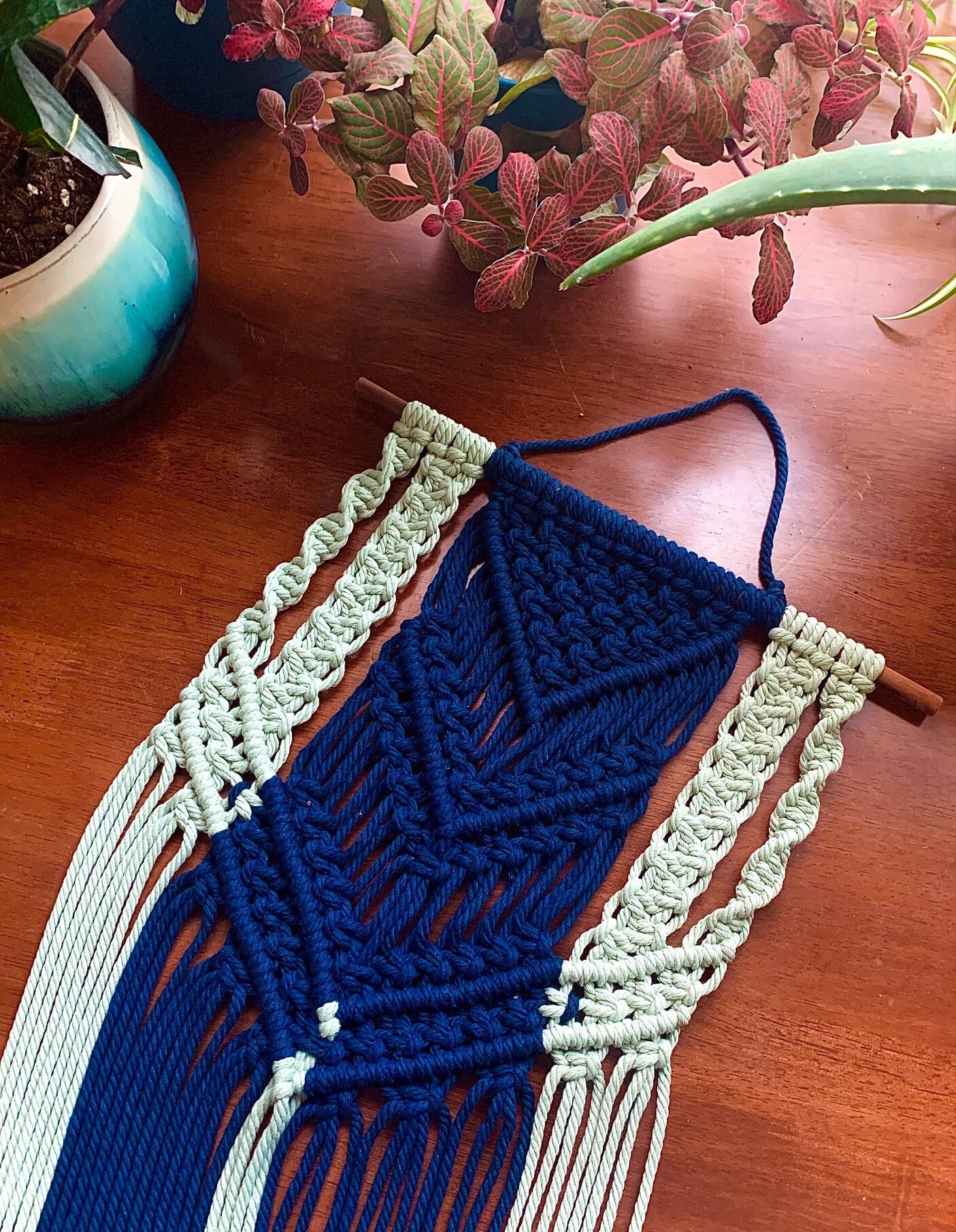 Unique Navy Blue & Sage Green Macrame Wall Hanging on a 12 | Etsy