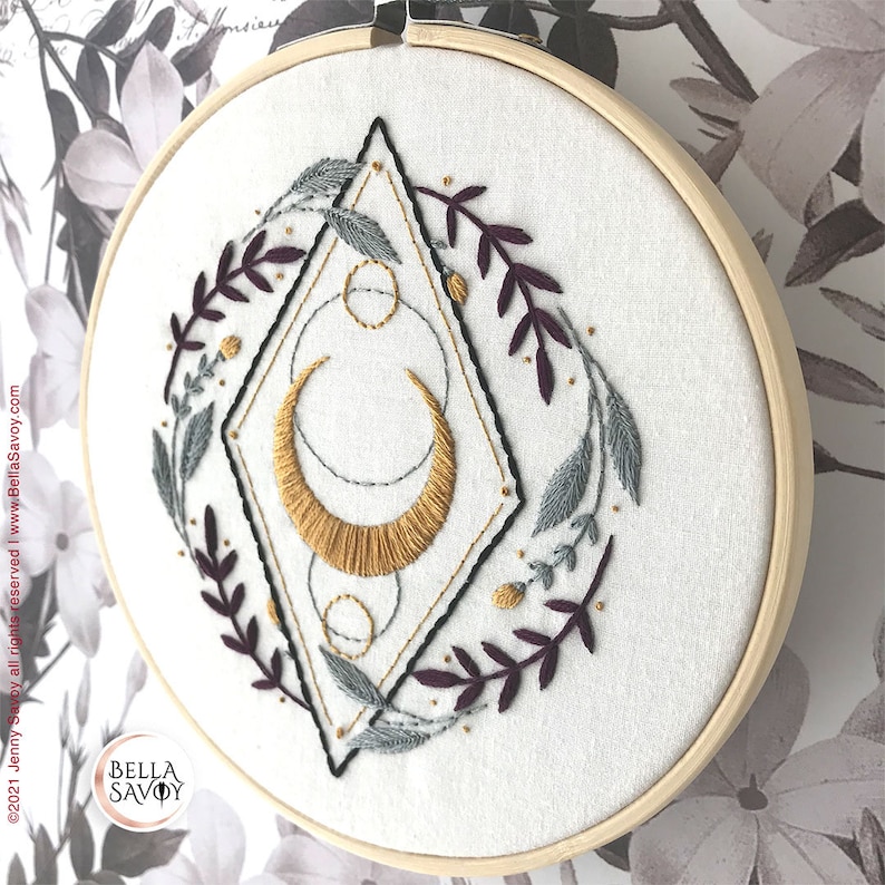 Pagan Art Hand Embroidery Pattern PDF With Laurels and Moon | Etsy