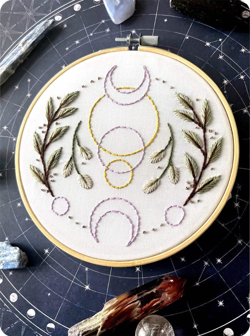 Triple Moon Embroidery Pattern PDF Video Celestial - Etsy