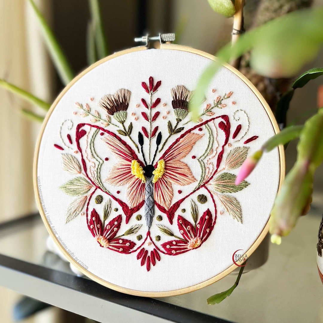 Boho Modern Moth Floral Embroidery Pattern PDF | Flower Embroidery ...