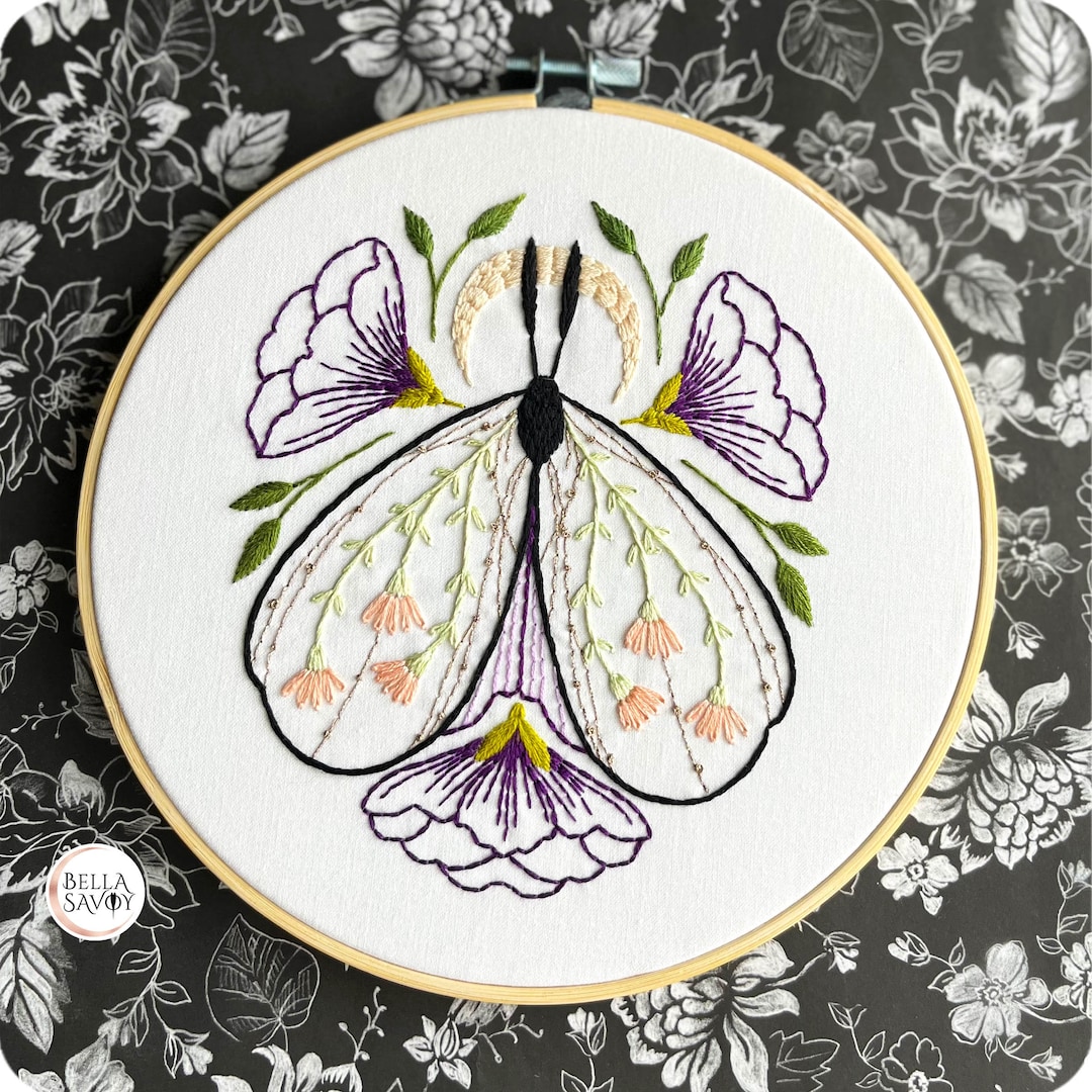 Moth & Flower Embroidery Pattern Pdf | Butterfly Embroidery Pdf Pattern ...