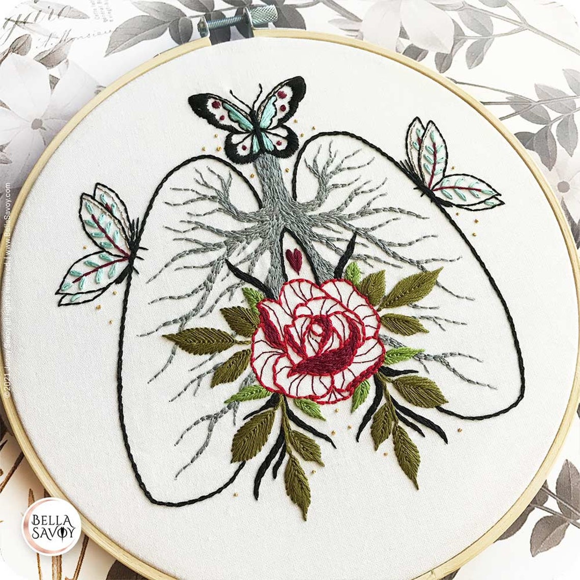 Lungs Embroidery Pattern PDF Lungs & Rose Embroidery Pdf | Etsy