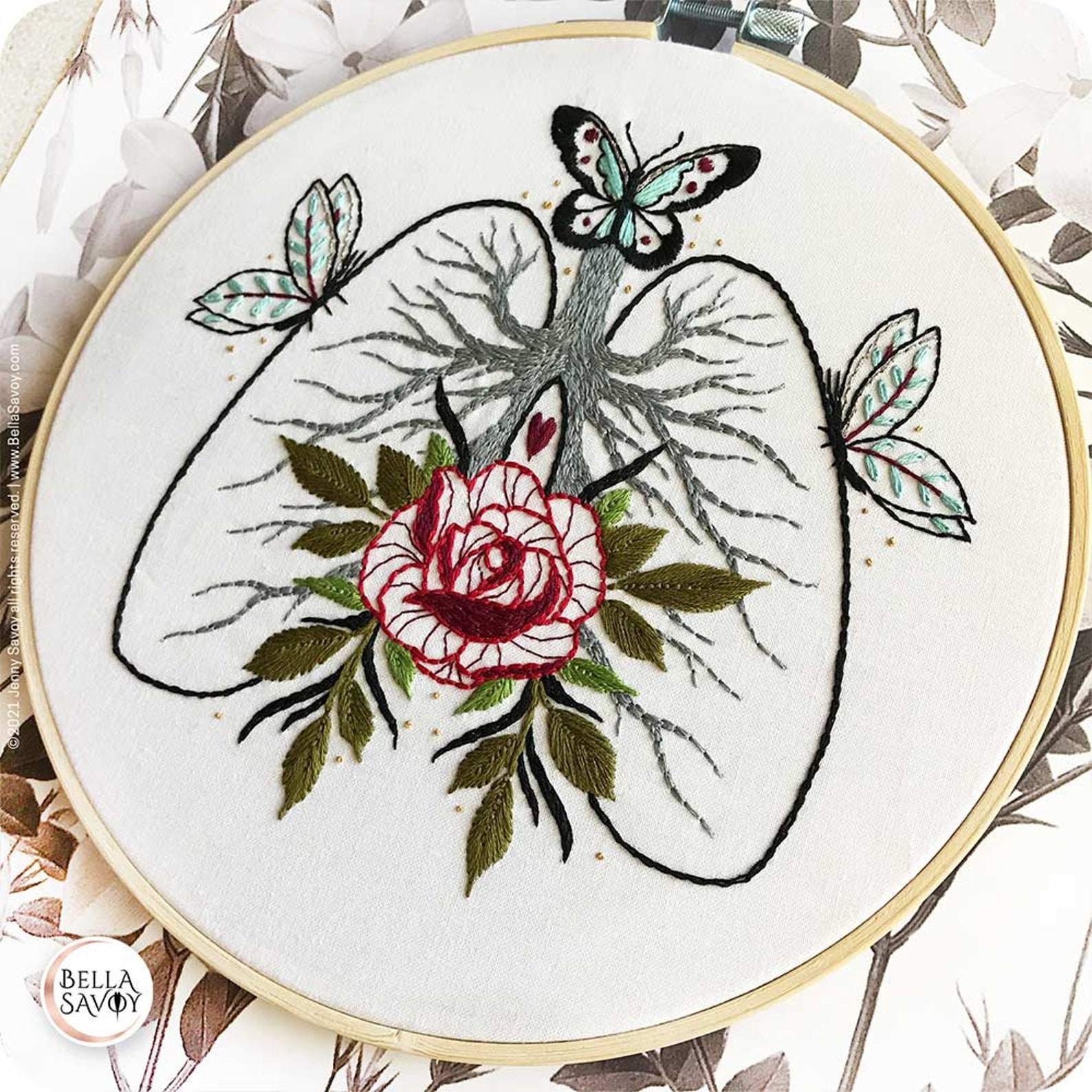 Lungs Embroidery Pattern PDF Lungs & Rose Embroidery Pdf | Etsy