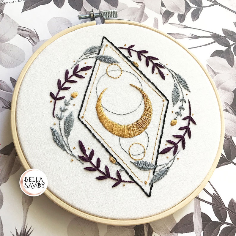 Pagan Art Hand Embroidery Pattern PDF With Laurels and Moon | Etsy