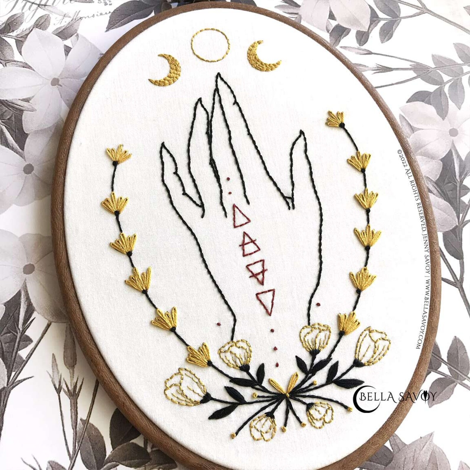 Hand & Triple Moon Floral Embroidery Pdf Pattern | Wiccan Embroidery ...
