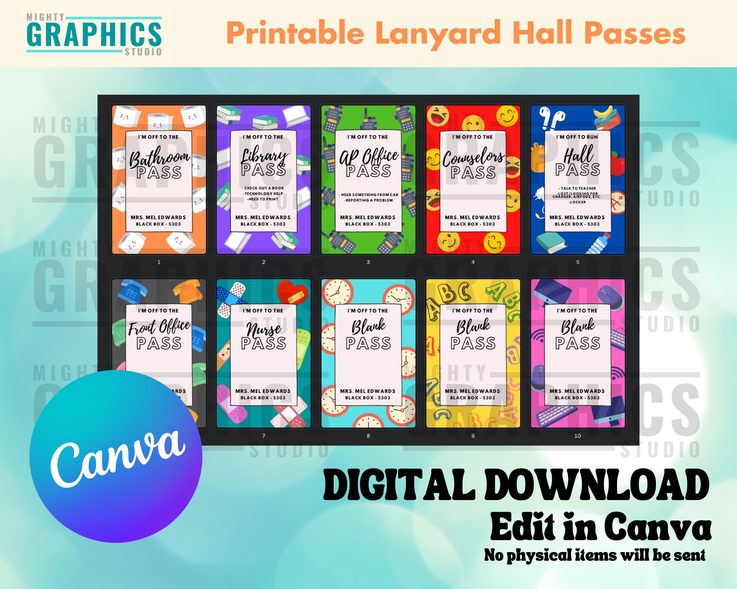 Printable Hall Passes **DIGITAL DOWNLOAD**, Canva Template, Elementary ...