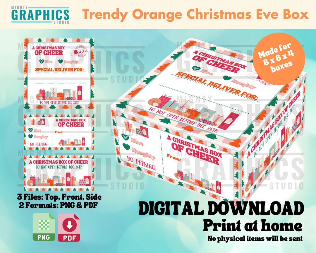 Christmas Eve Printable Label for Gift Box 8x8x4 Unique Trendy Xmas Box ...