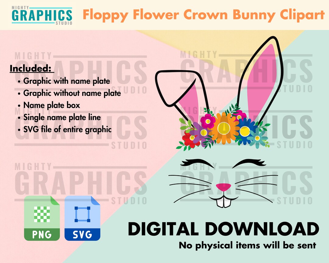 Floppy Flower Crown Bunny Clipart, Easter PNG, Cute Rabbit Face, Name ...