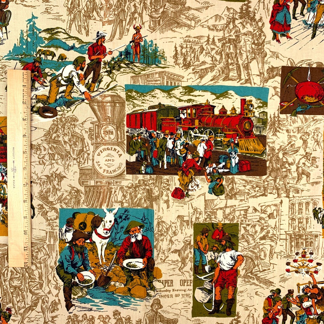 Vintage Fabric 70s Gunsmoke Western Screen Printed VAT Colors Gabrielle ...
