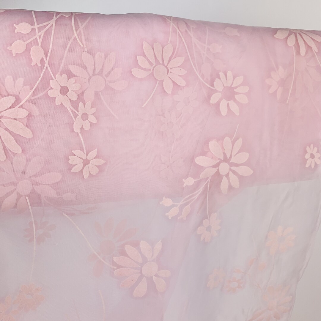 Vintage Flocked Fabric Light Pink Sheer Daisy Flowers Floral BTY 1 Yd X ...
