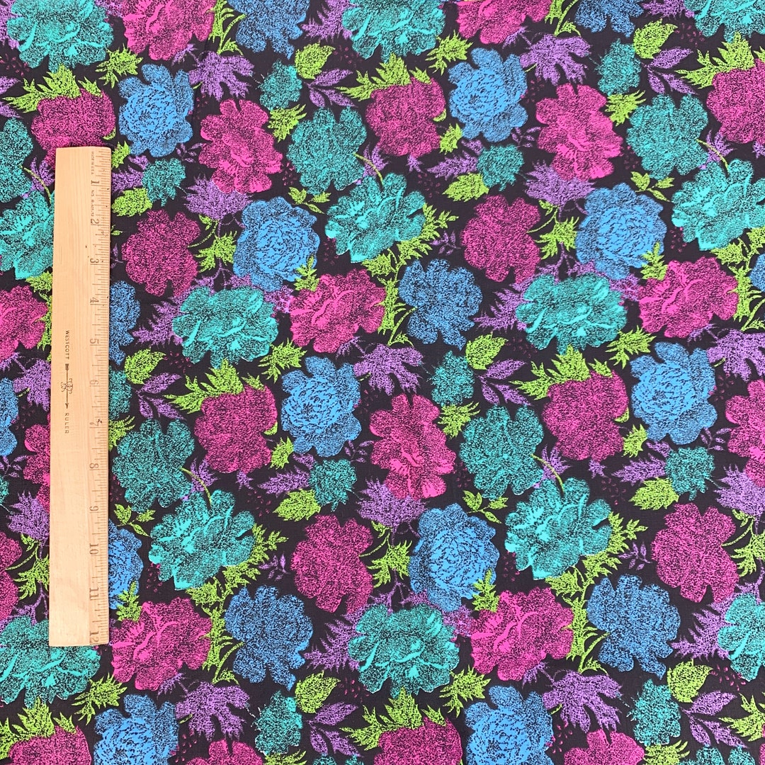 Vintage Fabric 80s Abstract Black Background Closely Packed Flowers ...