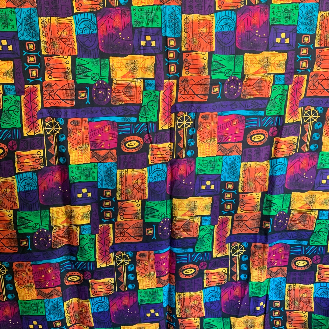 Vintage Galey & Lord Abstract City Huts Tribal Fabric Sewing Material ...