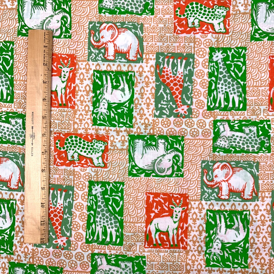 Vintage Fabric Safari Jungle Animals Print Antelope Elephants Giraffe ...
