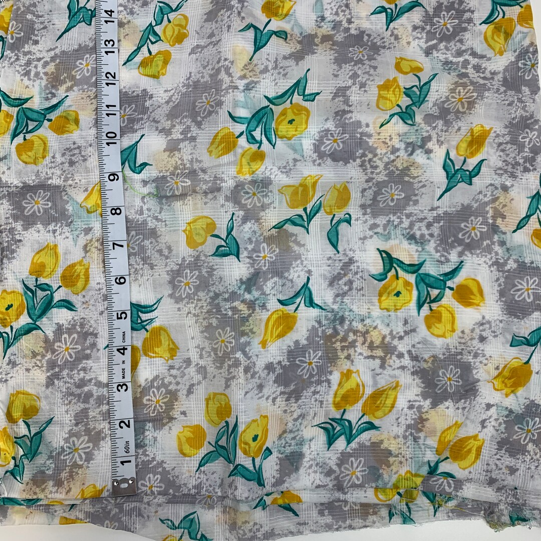 True Vintage Window Pane Dimity Semisheer Grey Yellow Tulips Floral ...