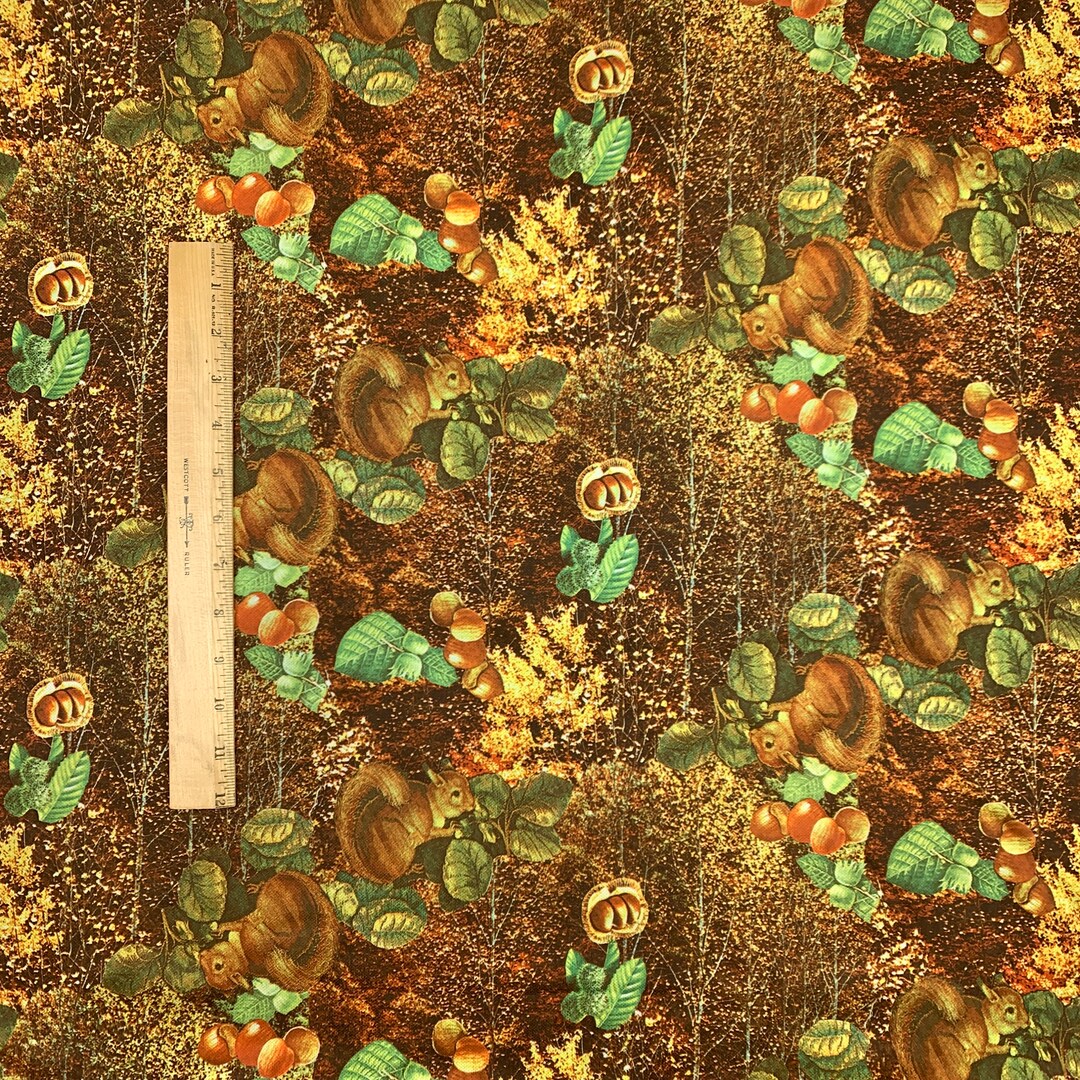 Vintage Fabric Knit Stretch Slick Woodland Squirrel Chipmunk Leaves ...