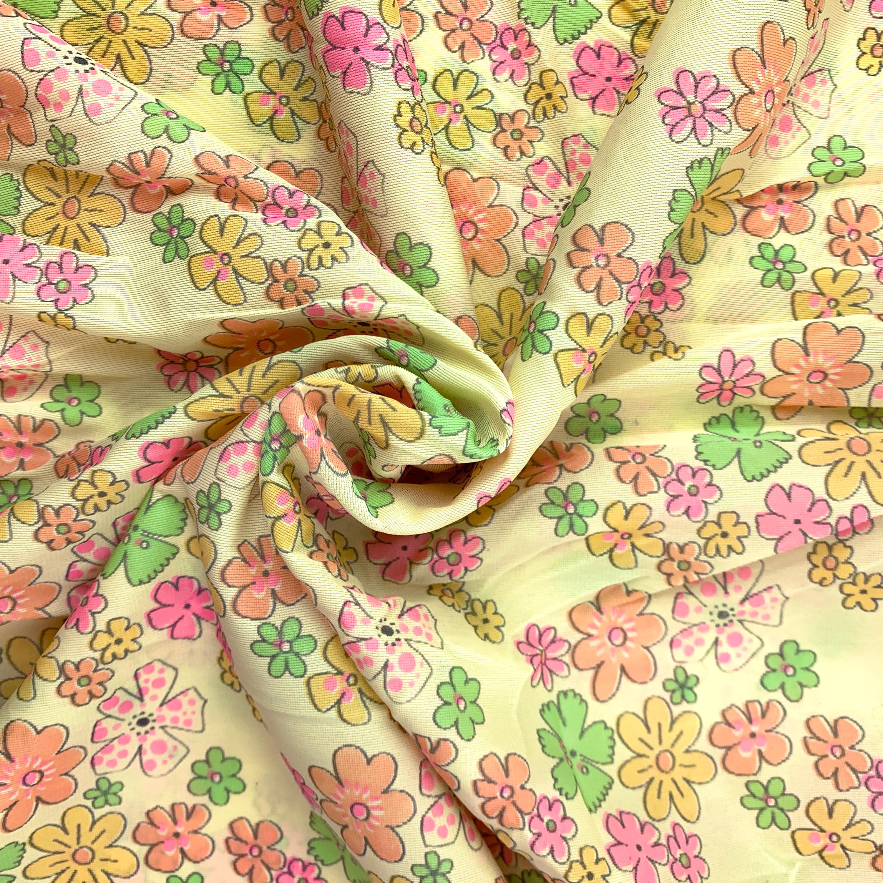 Vintage Fabric Retro Mod Floral Slick Stretchy Drapey Semi Sheer 1.5 ...