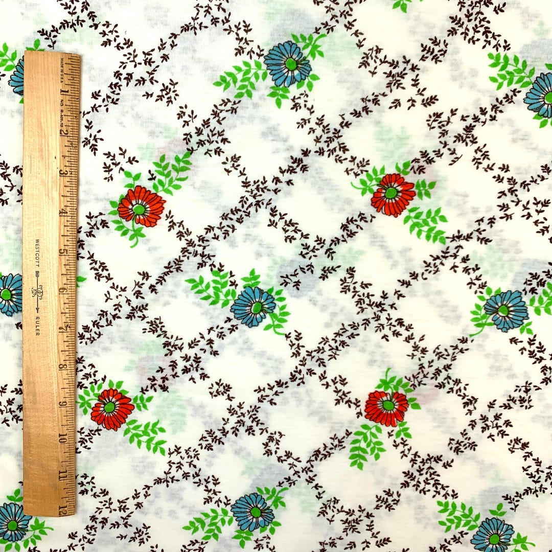 Vintage Fabric Jersey Cotton Knit Window Pane Retro Floral Flowers ...