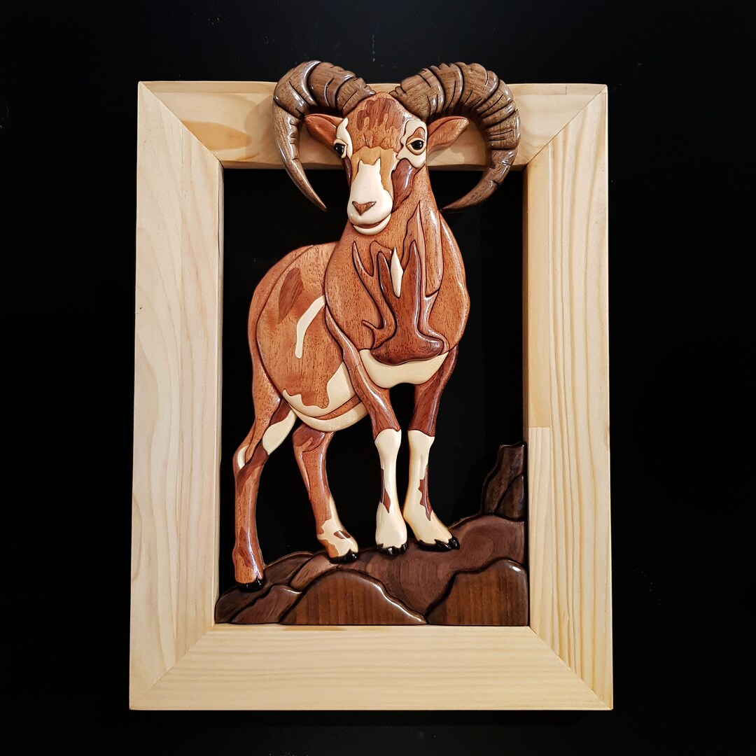Rustic Framed Intarsia Goat, Handmade Wooden Ram Wall & Door Decor ...