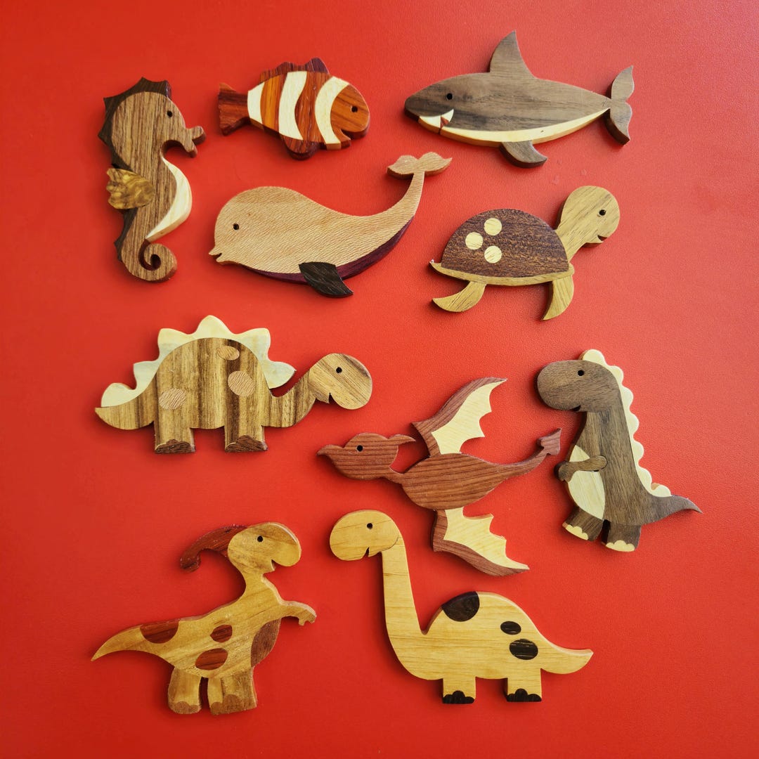 Handmade Wood Intarsia Figures, Cute Sea Life Animals and Dinosaurs Set ...