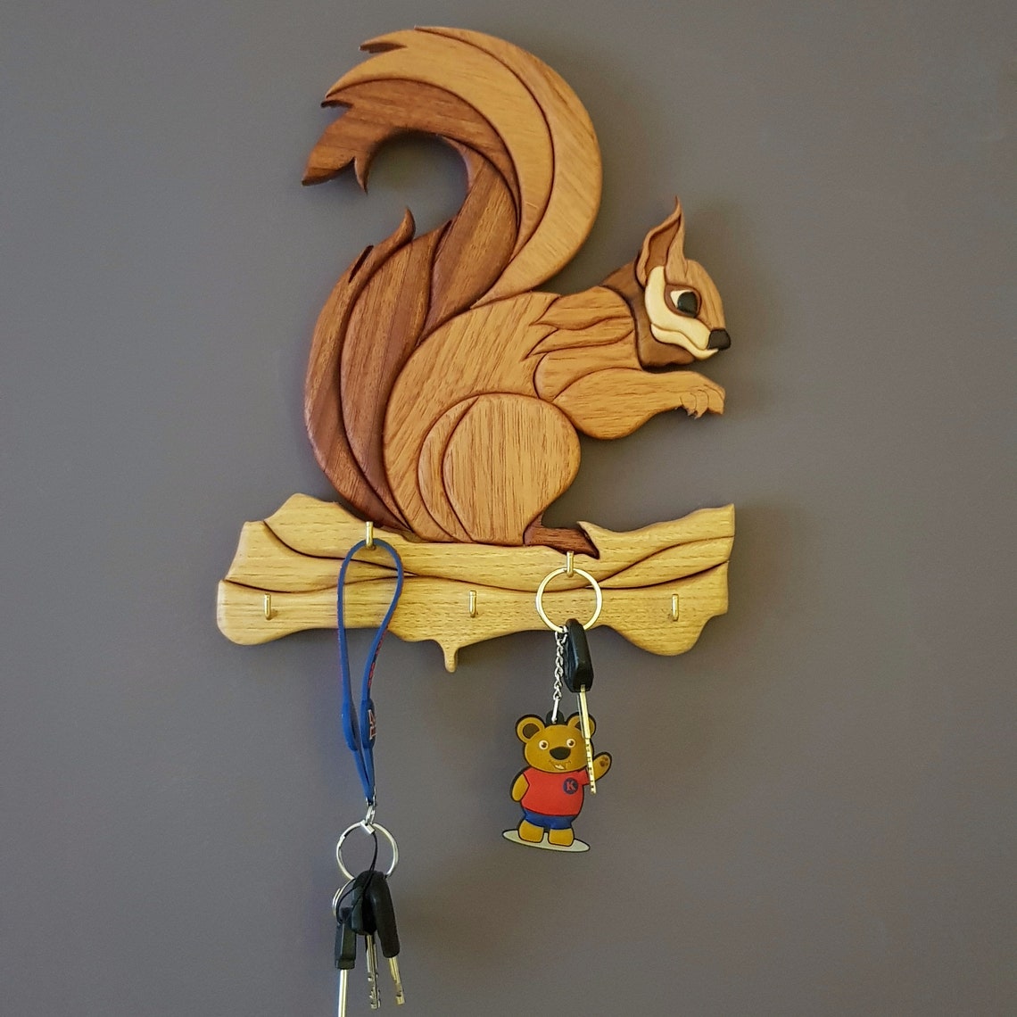 Squirrel Wooden Intarsia Key Holder House Warming Entryway - Etsy