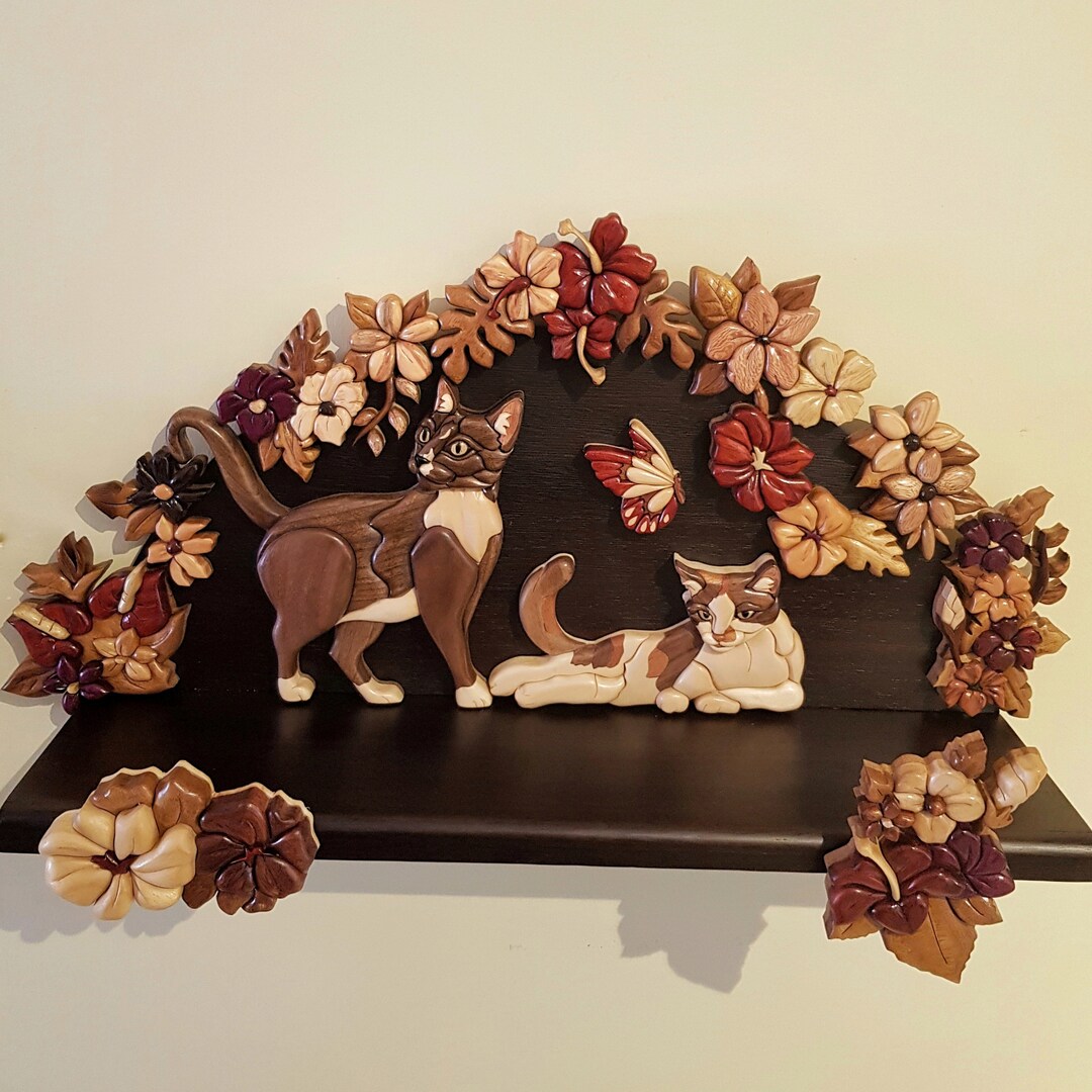 Cute Cats and Hawaiin Flowers Key Hanger, Wooden Intarsia Home Decor ...