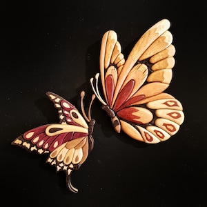Handcrafted Intarsia Butterflies Wall Art in Natural Wood, Double ...