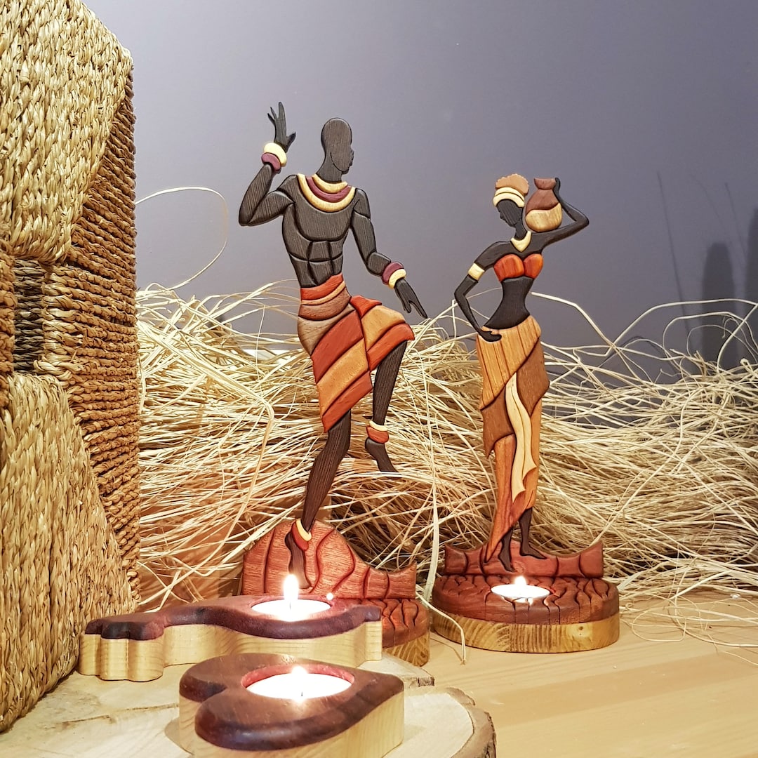 Intarsia Wood Art Tealight Candleholder: African Lovers, Romantic Gift ...