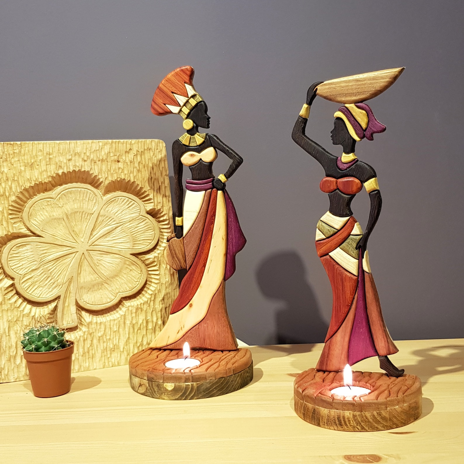 Intarsia Wood Art Tealight Candleholder: African Lovers, Romantic Gift ...
