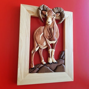 Rustic Framed Intarsia Goat, Handmade Wooden Ram Wall & Door Decor ...