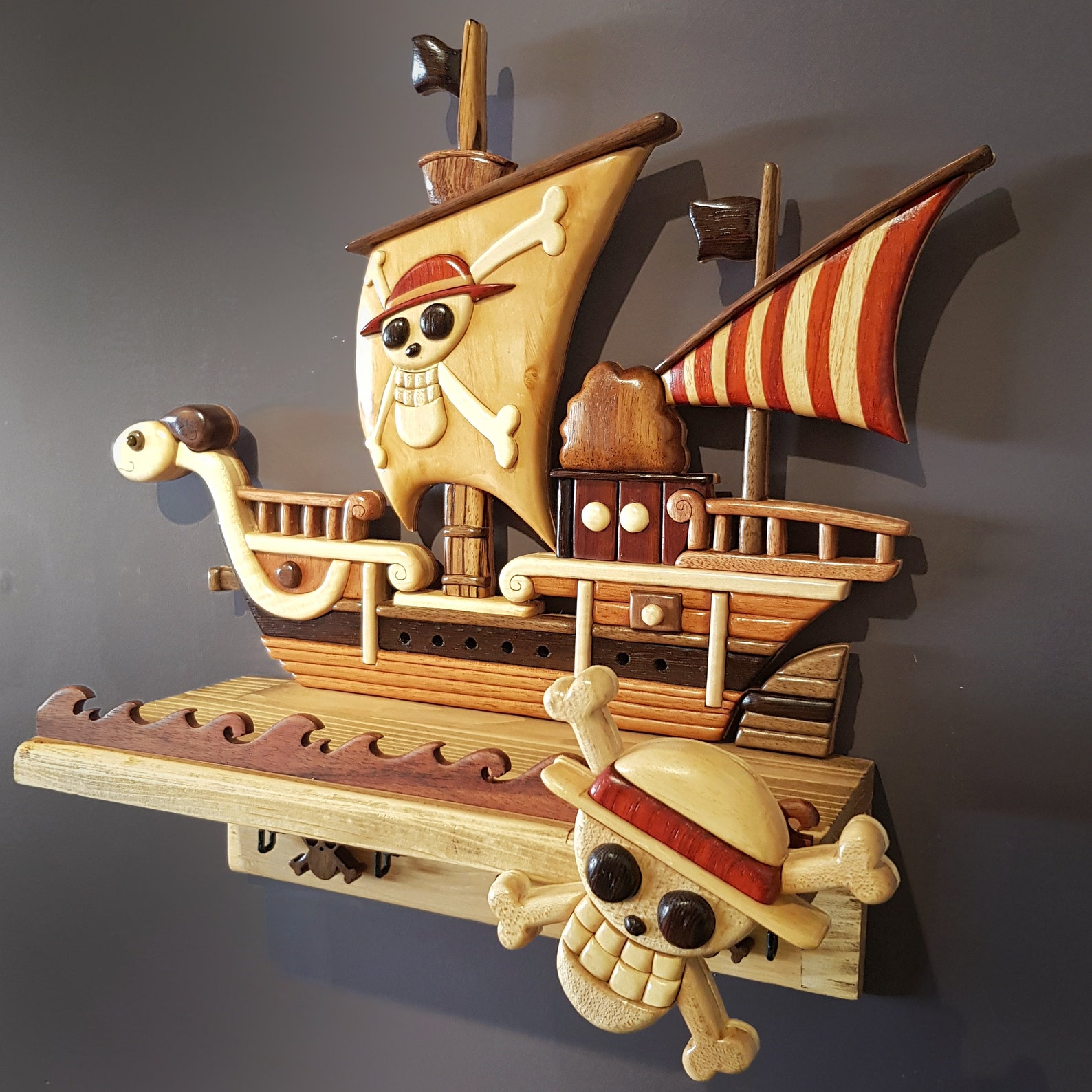 Handcrafted Intarsia Pirate Ship Shelf, Exotic Hardwood Nautical Wall ...