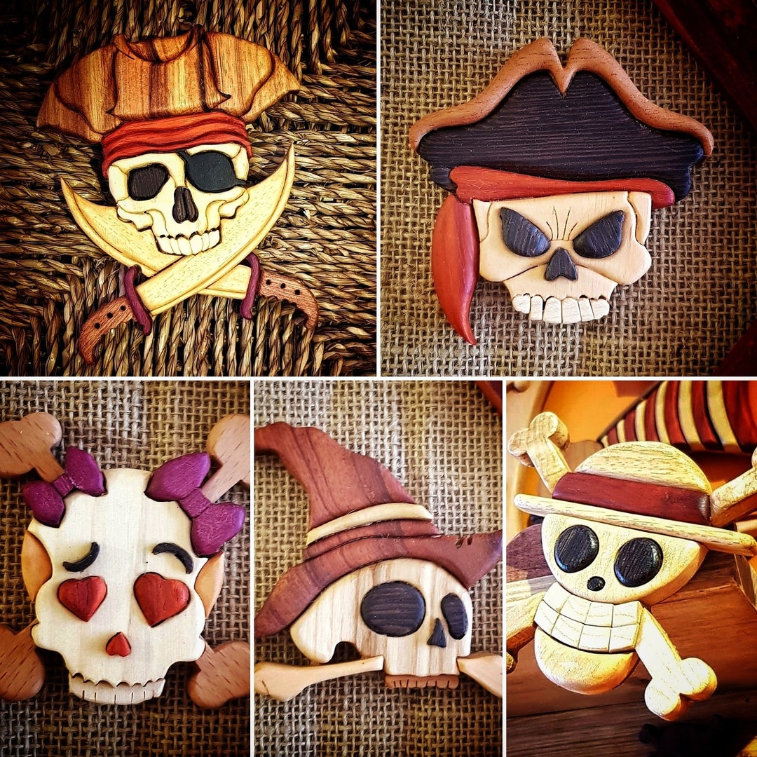 Skull Wooden Intarsia Ornament, Pirate Skulls Figurines, Wooden Skull ...