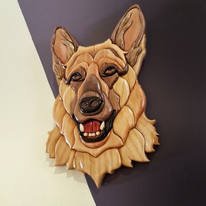 German Shepherd Intarsia Pattern, Realistic Wooden Dog Wall Art Digital ...