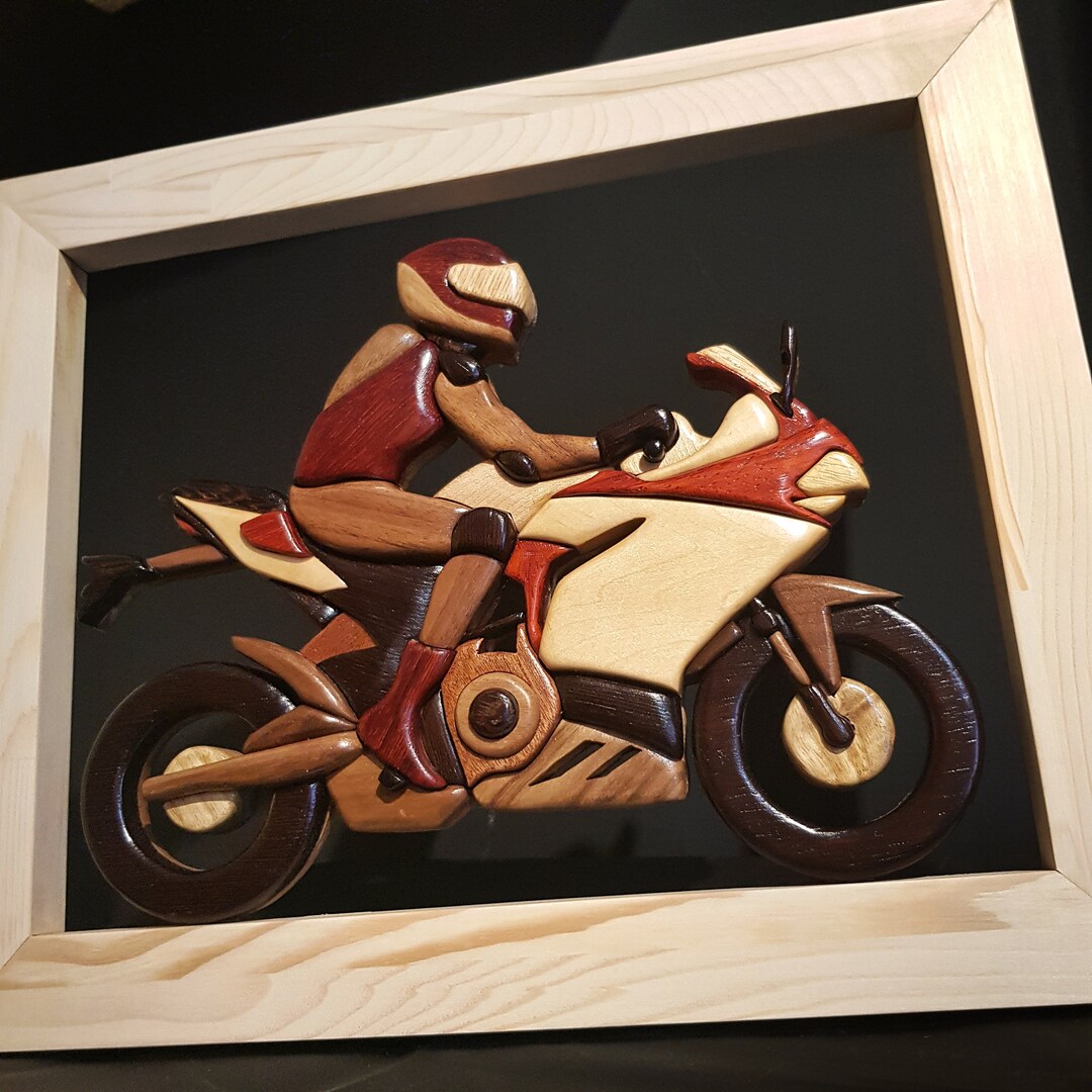 Wood Intarsia Motorcycle Rider Figure in Frame, Motorcycle, Rider, Wall ...