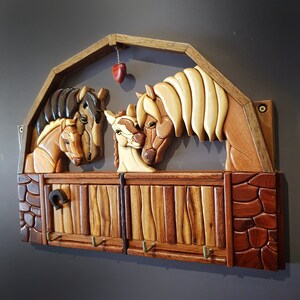Wooden Intarsia Barn With Four Horses, Natural Wood Decor for Rustic ...