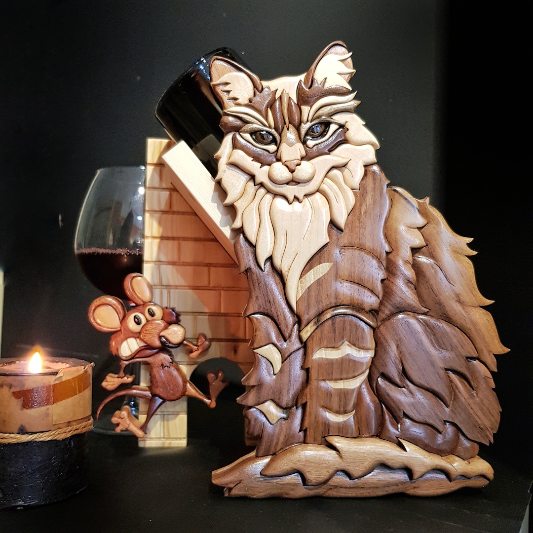Cat and Mouse Wine Bottle Holder, Wooden Intarsia Bottle Holder, Cute ...