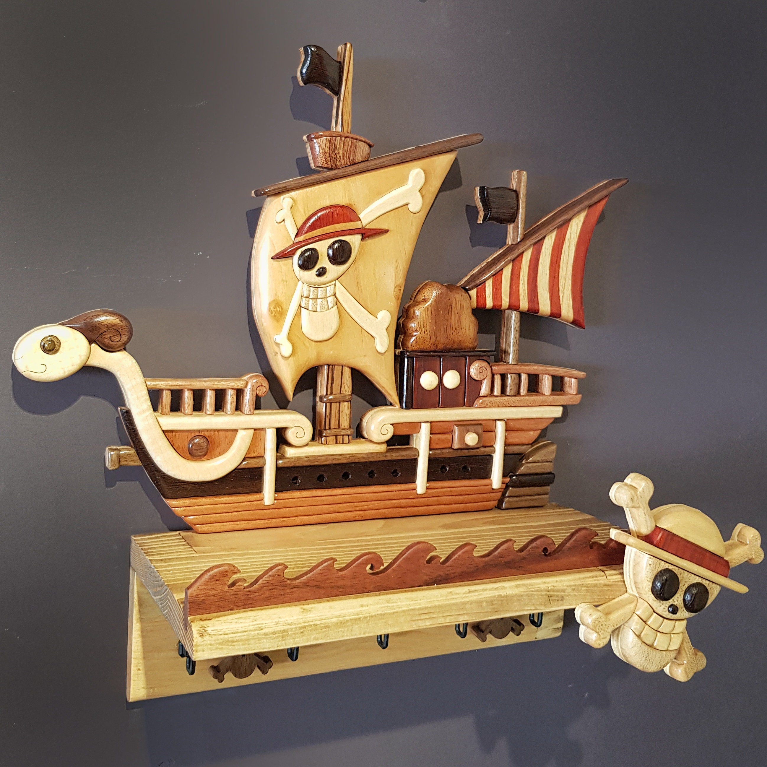 Handcrafted Intarsia Pirate Ship Shelf, Exotic Hardwood Nautical Wall ...