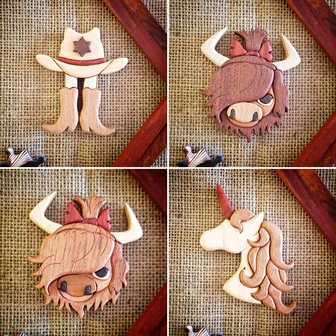 Cowboy, Unicorn, Horse, Bullock, Steer, Highland Ox, Wood Intarsia ...