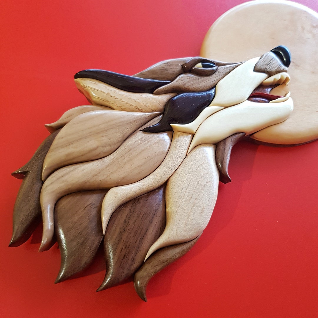 Howling Wolf Wood Intarsia Pattern for Wall Decor, Wooden Intarsia ...