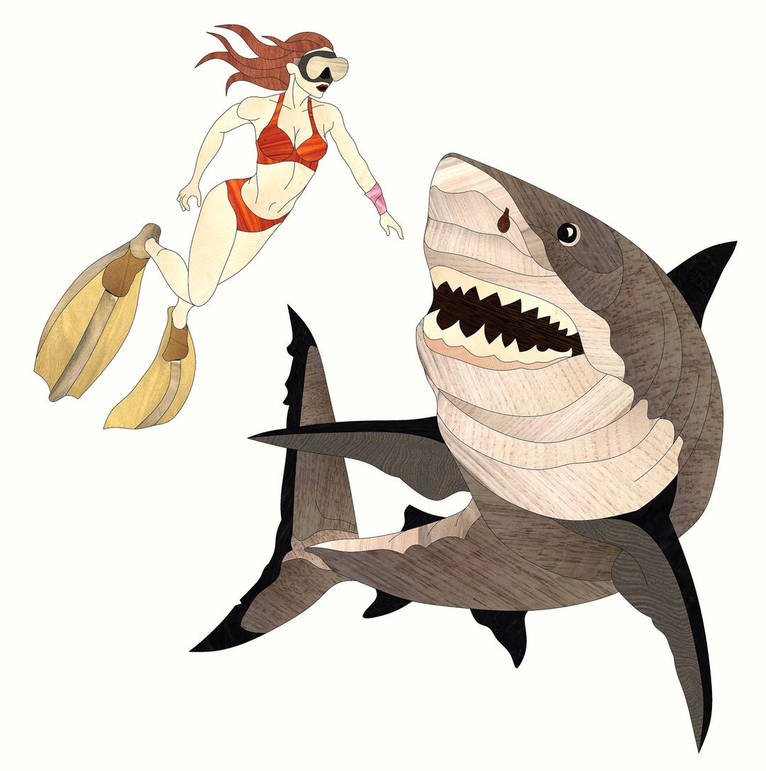 Exquisite Wood Intarsia Patterns, Diver and Shark Design, Ocean Life ...