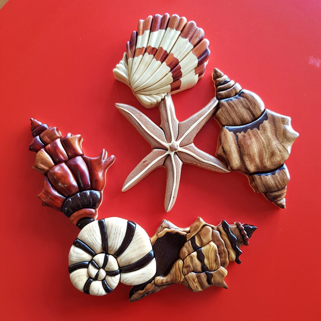 Seashell Starfish Wood Intarsia Art: Coastal Decor Inlay - Etsy