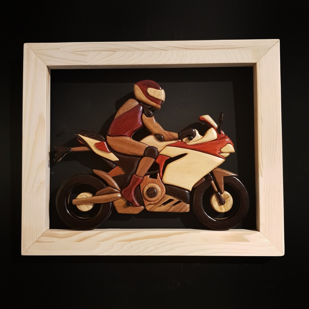 Wood Intarsia Motorcycle Rider Figure in Frame, Motorcycle, Rider, Wall ...