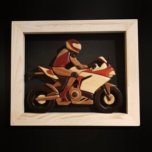 Wood Intarsia Motorcycle Rider Figure in Frame, Motorcycle, Rider, Wall ...