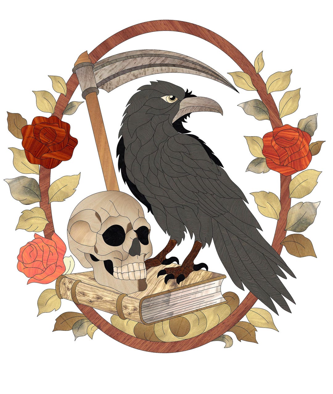 Raven Skull Intarsia Pattern With Scythe and Roses, Gothic Woodworking ...
