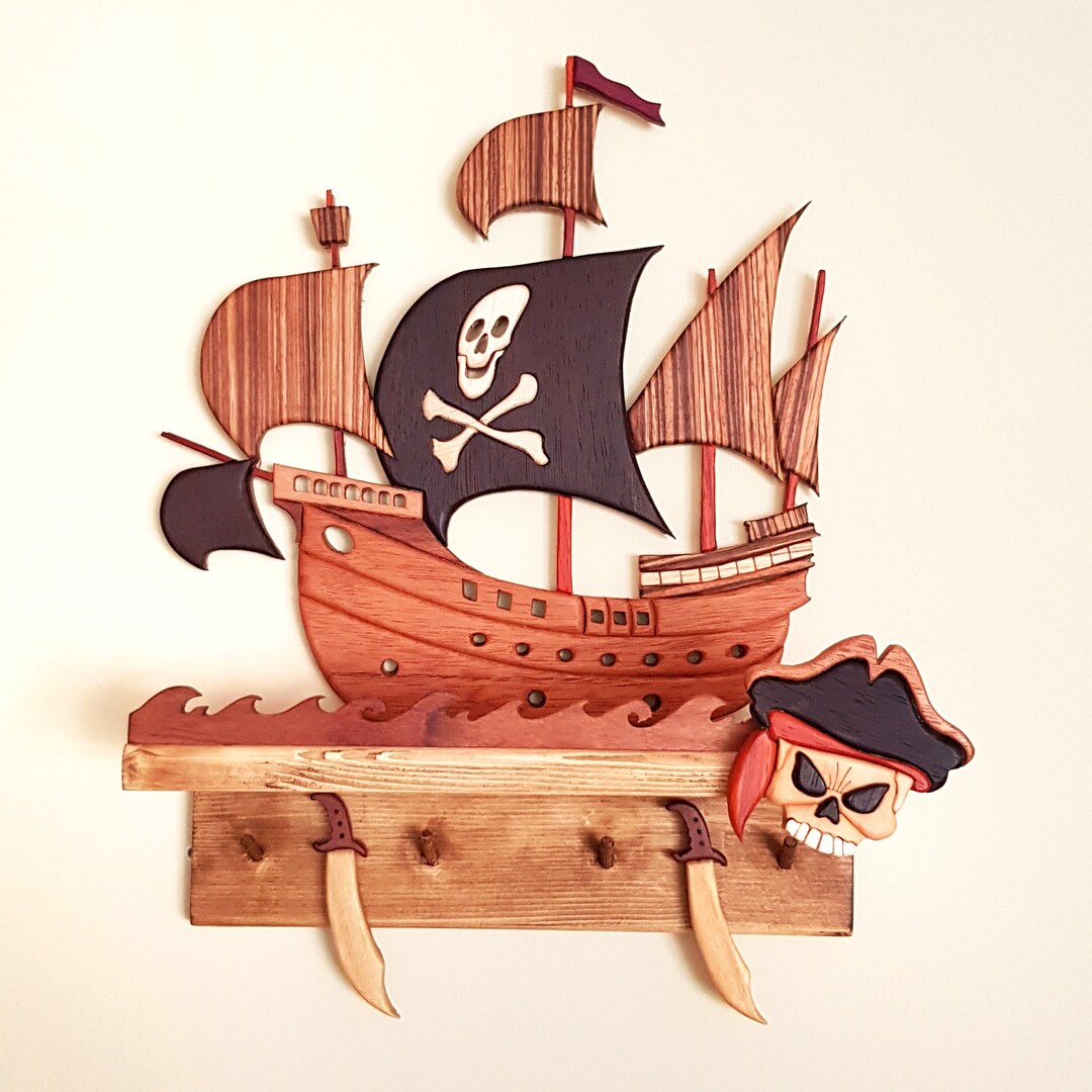 Intarsia Pirate Ship Shelf With Hooks: Exotic Hardwood Nautical Decor ...