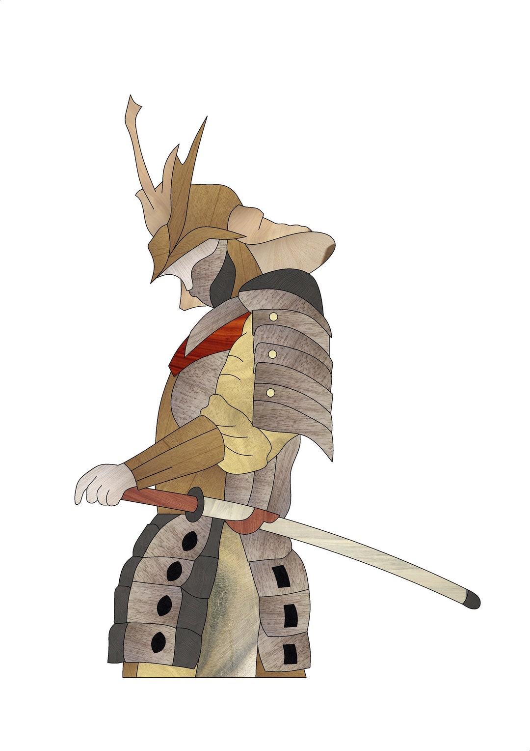 Samurai Wood Intarsia Pattern, Japanese Art Decor, Armored Samurai ...